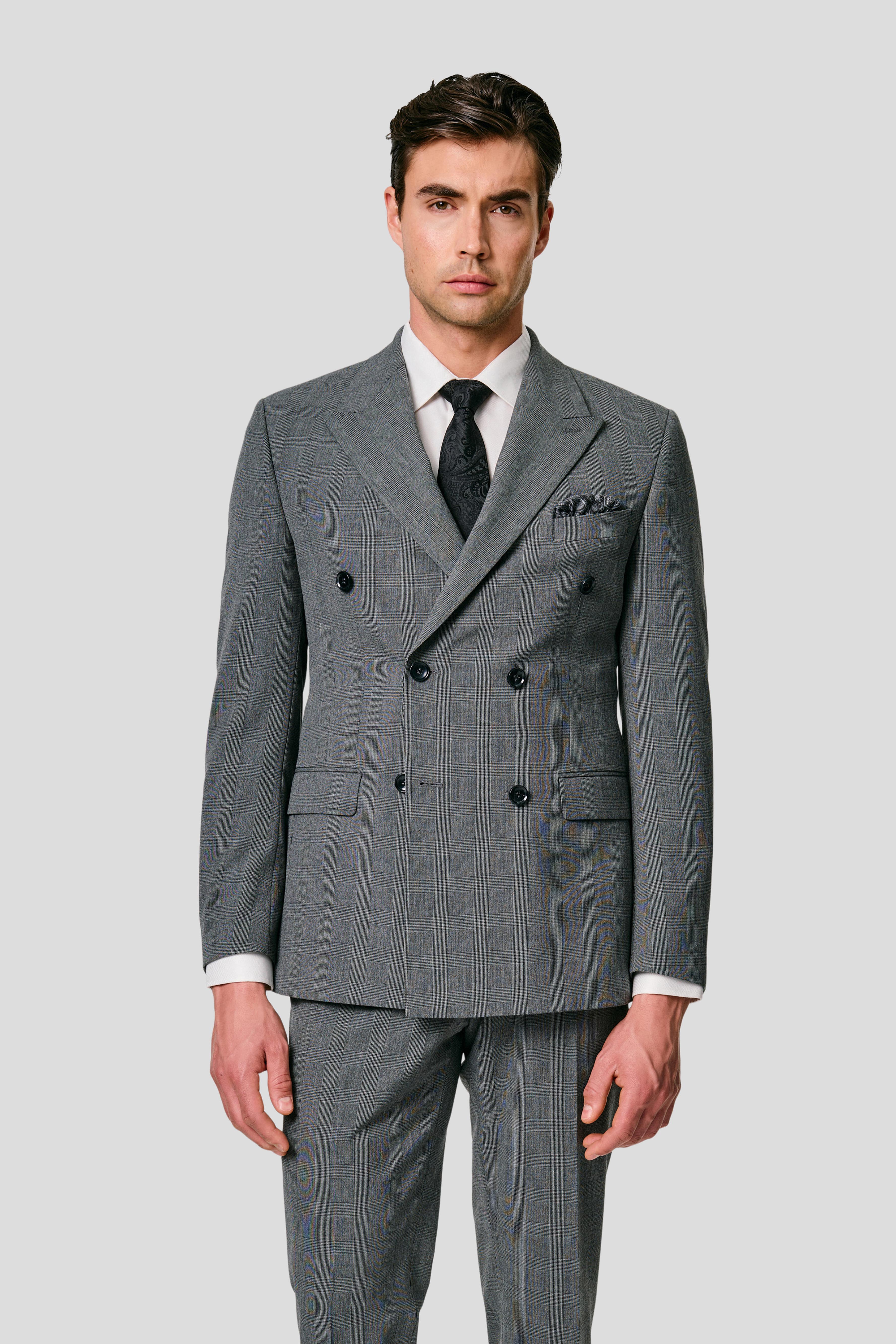 PRESTIGE grå dobbeltradet blazer med tern – SUIT CLUB