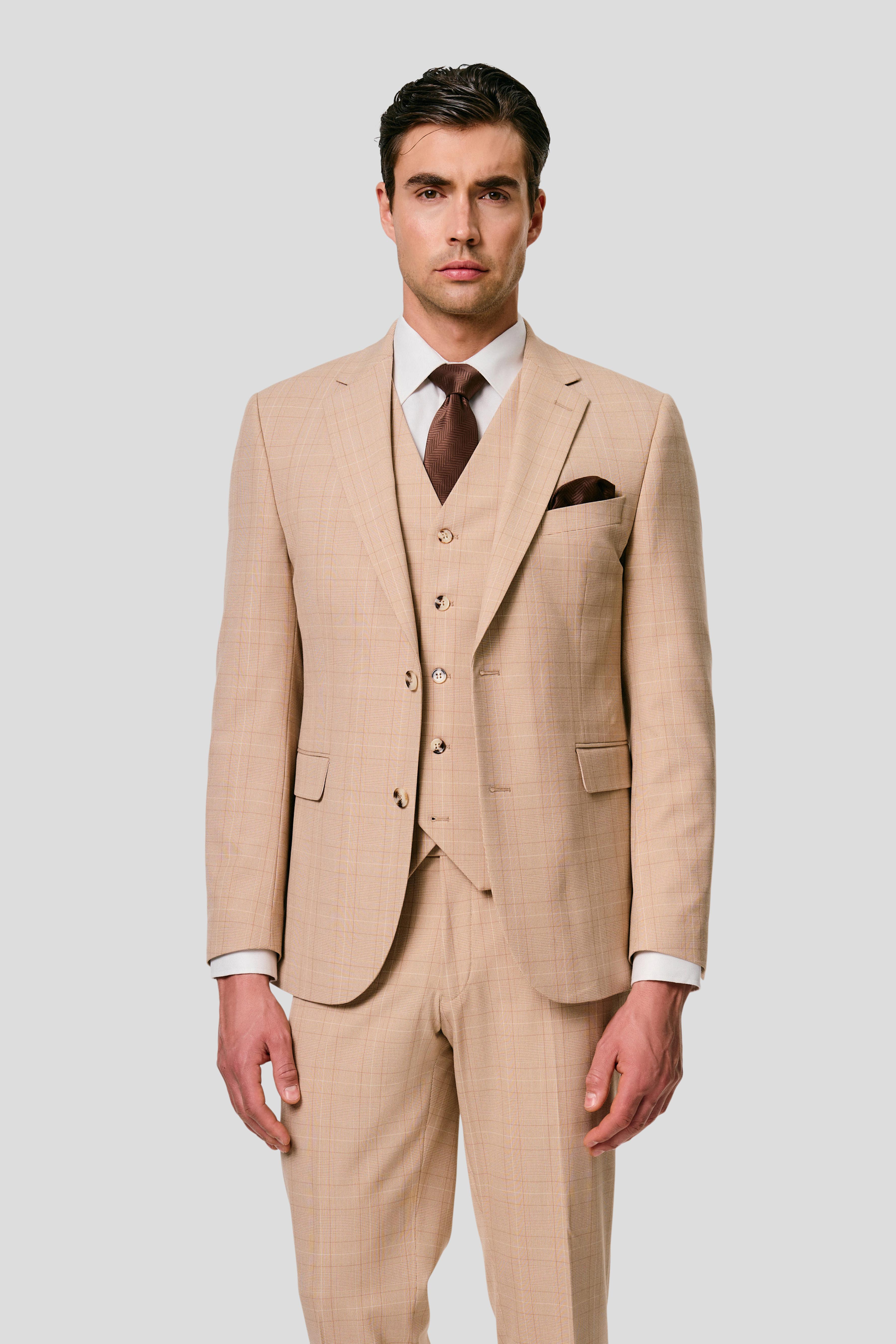 PRESTIGE sand three-piece jakkesæt med tern – SUIT CLUB